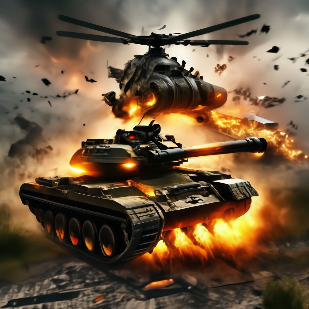 "Tankovii battle and helicopter gunships, tanki shot down, panoramic ...