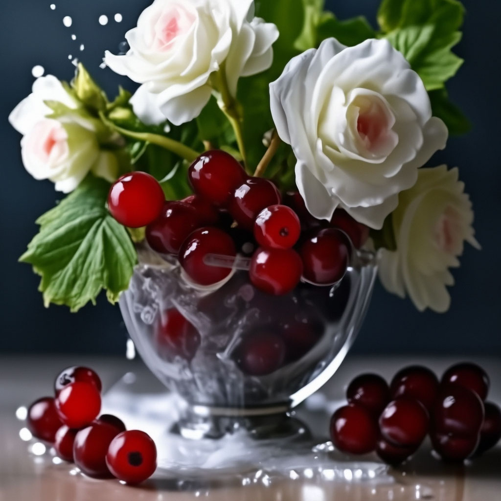 "Ghostchelovek currant with cream, a beautiful vase, splashes ...