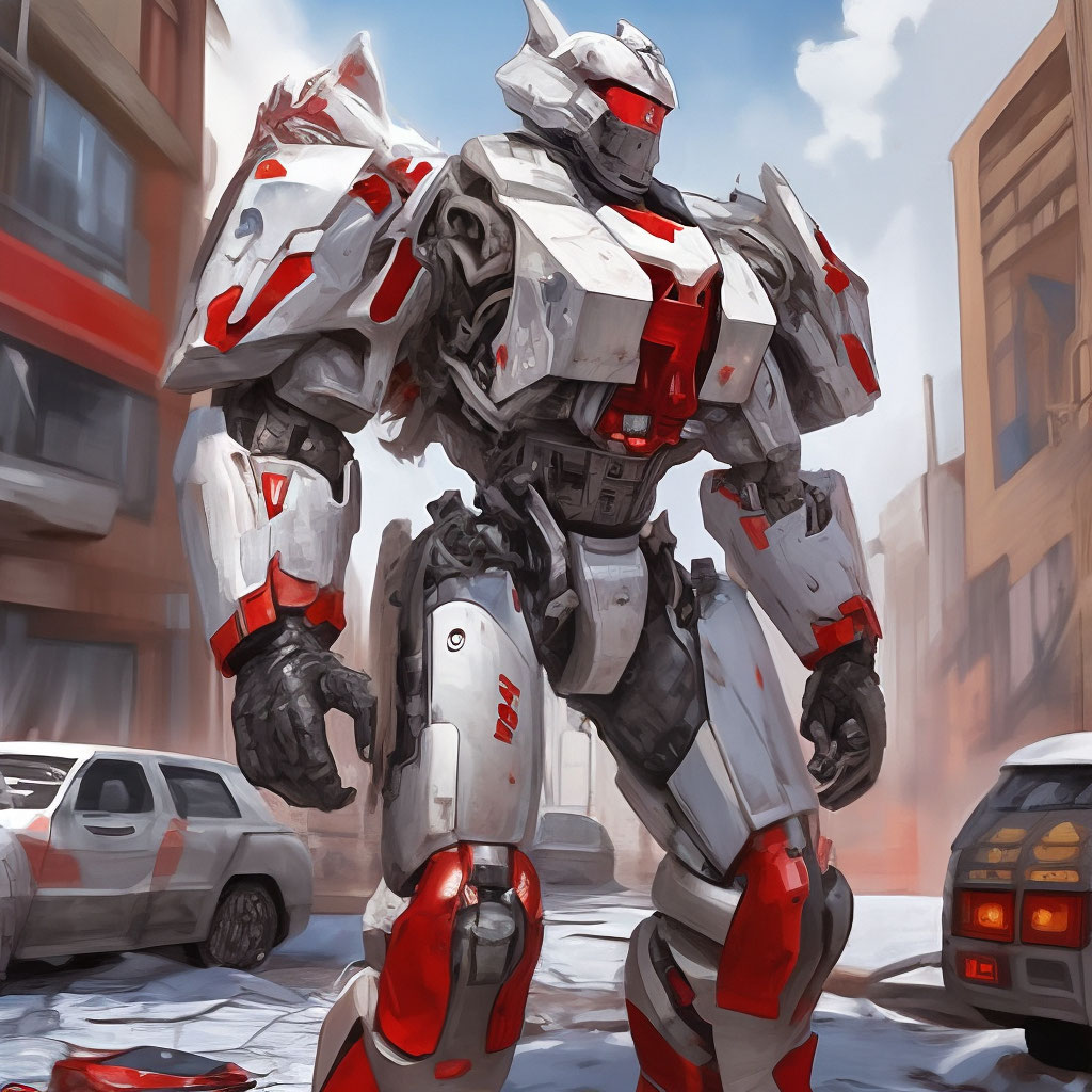 "Realistic epic drawing, transformers emergency battle mech, white ...