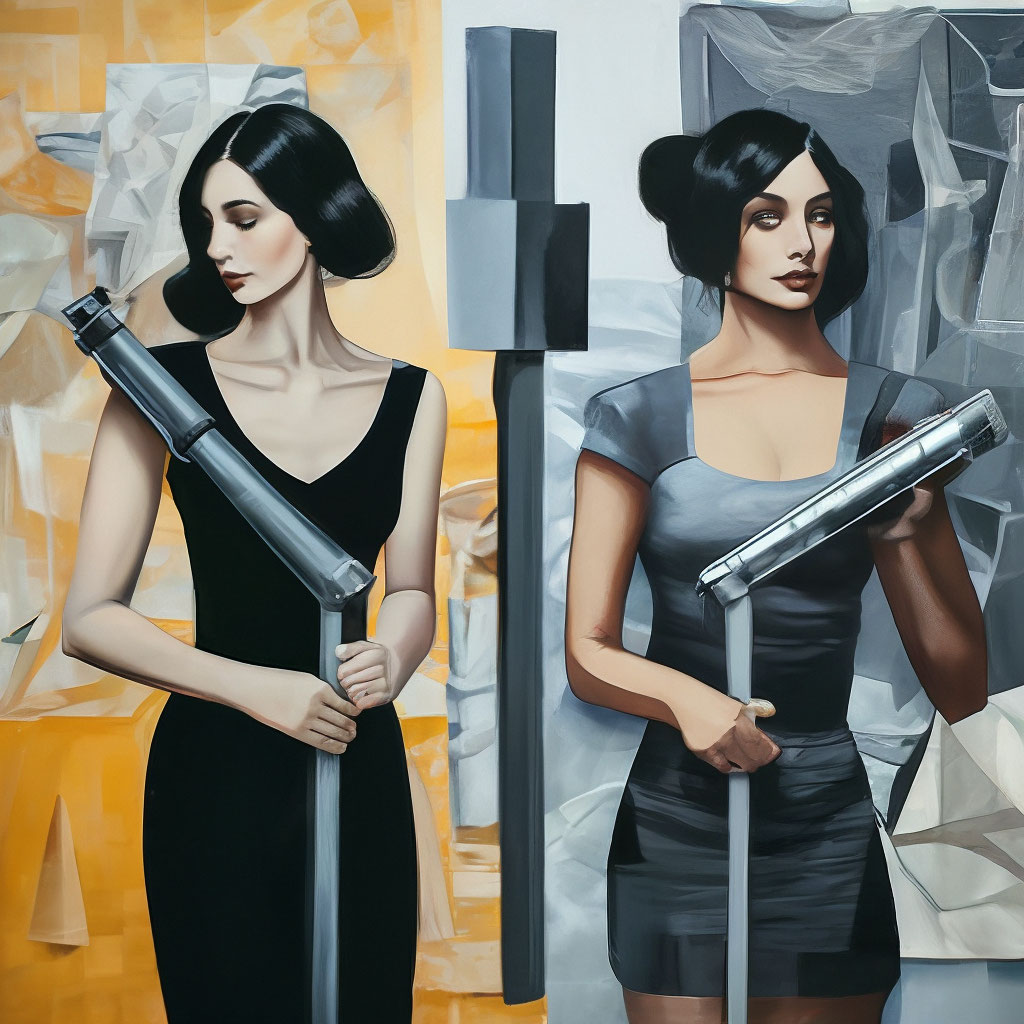 "Women with crowbars Surrealism .Dadaism, applique drawing with black ...