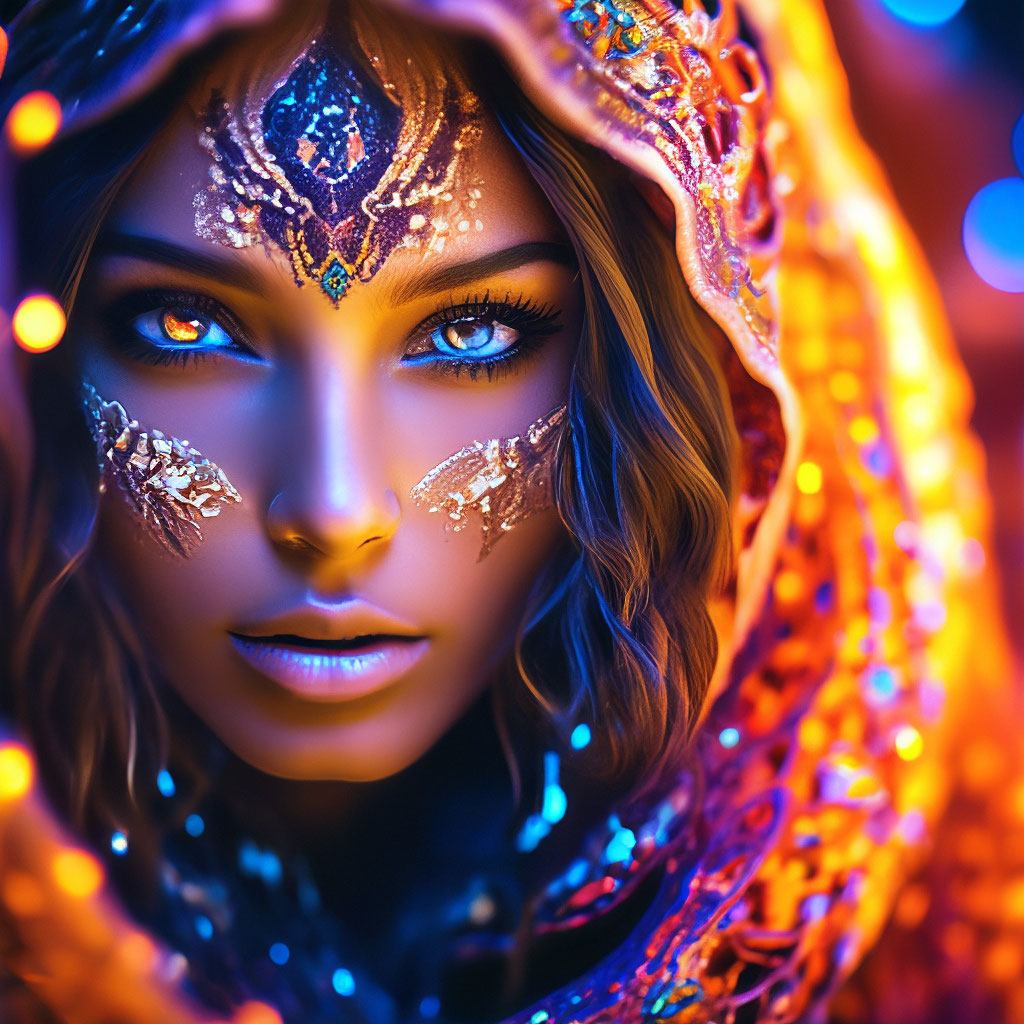 "Girl, surrealism, consists of fractals of sand, neon body art, bright ...