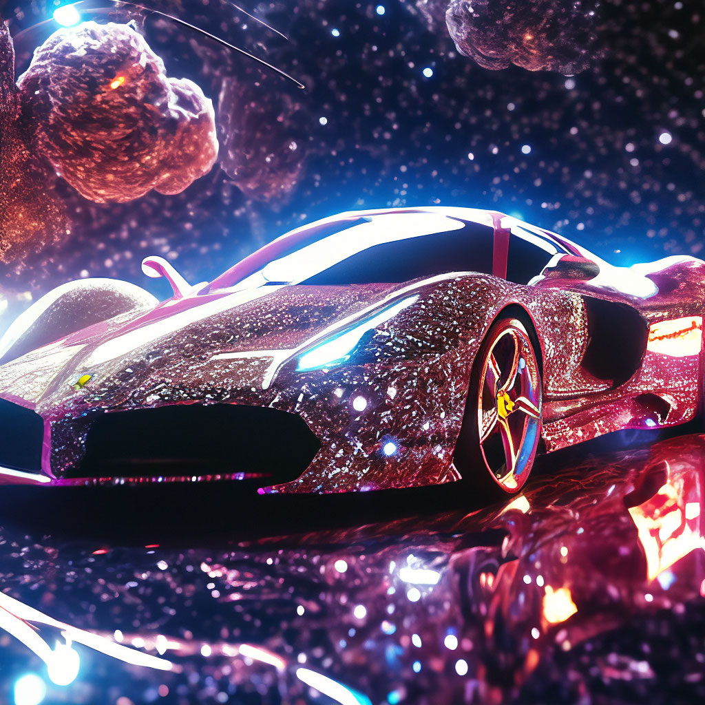 "A Ferrari crystal diamond car with space glowing inside and a subtle ...