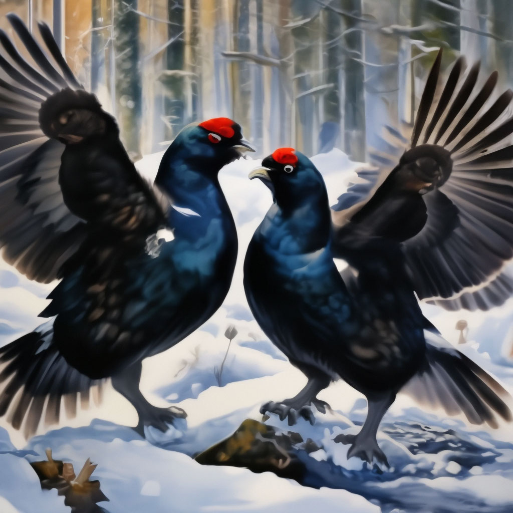"Watercolor, snow, the edge of the forest, two black grouse beating on ...