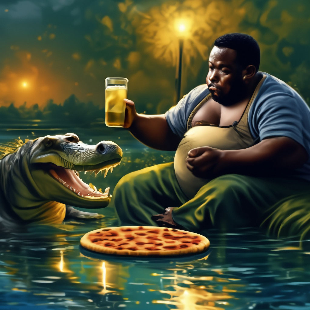 "A fat African American man is drinking at night in a swamp eating ...