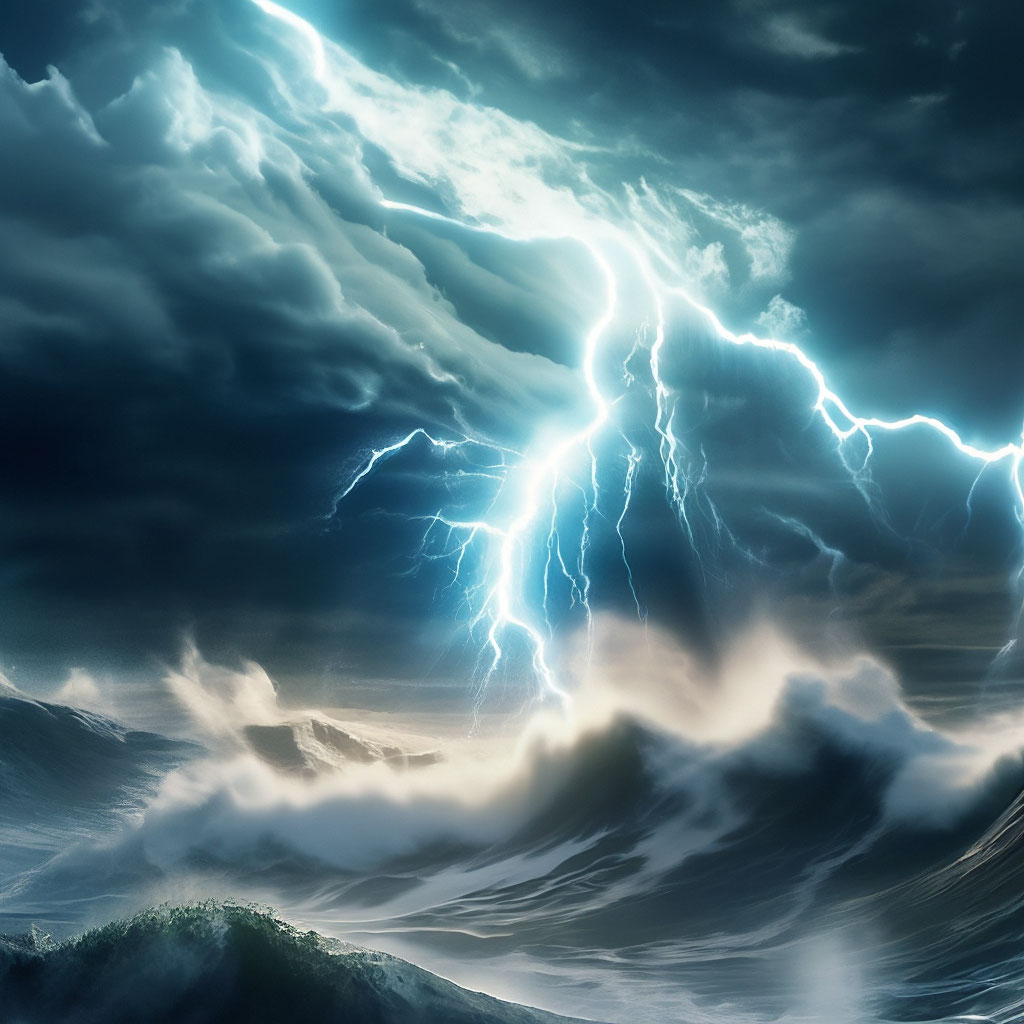 "Tsunami, lightning in the sky" — image created in Shedevrum