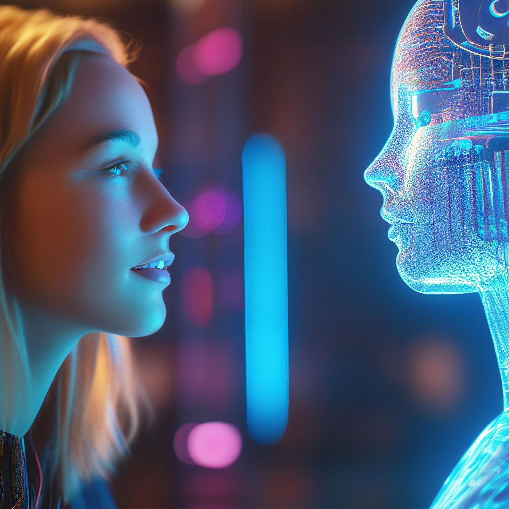"Me and my hologram look at each other, close-up, whole, 3d neon ...