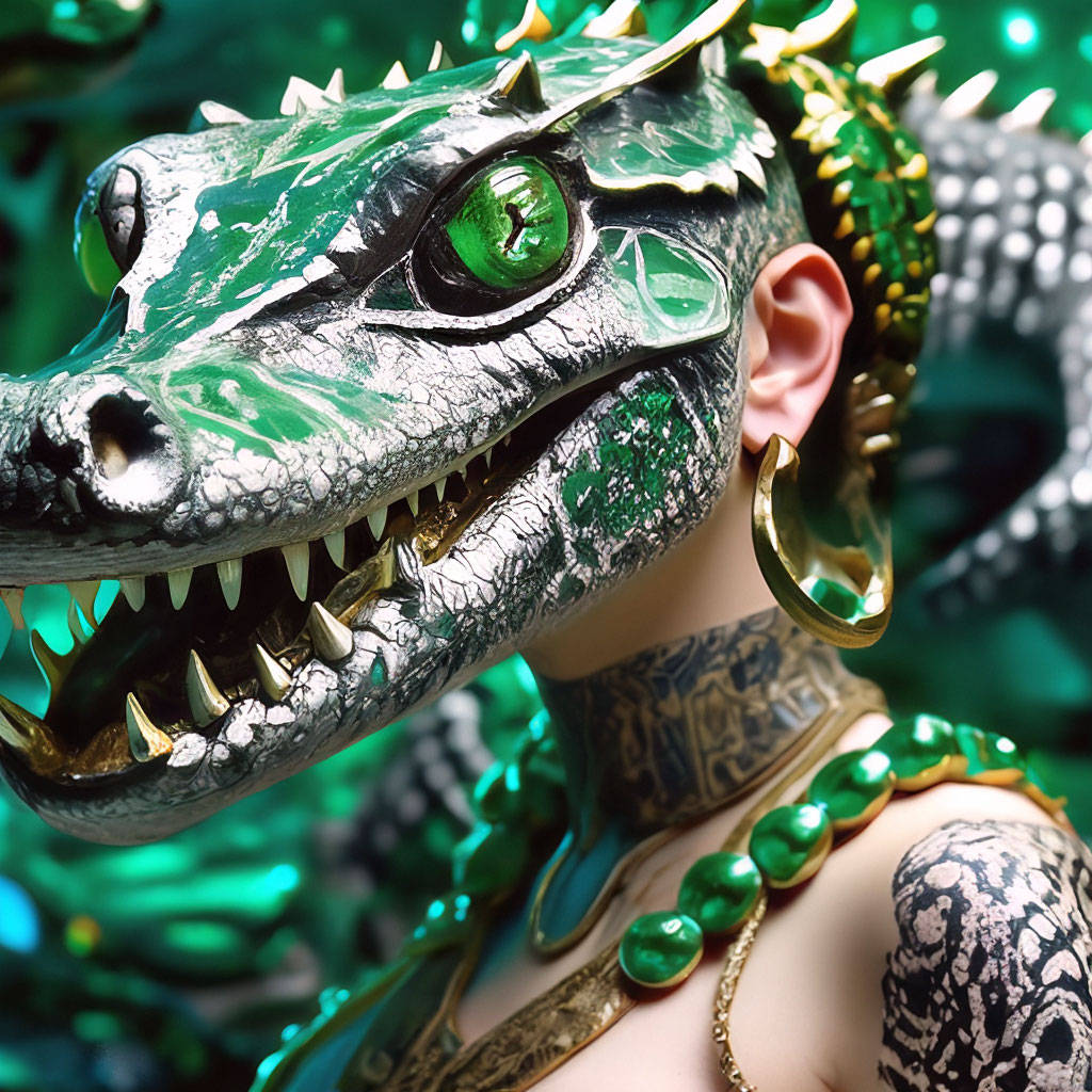 "Mighty demon alligator with silver tattoos - calligraphic letters, a ...