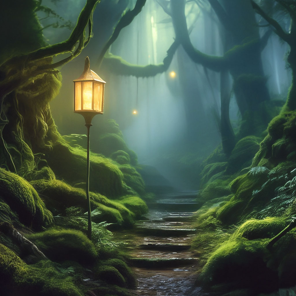 "Night, fog, darkness, dim lighting, a path in a dense fairy-tale dark ...