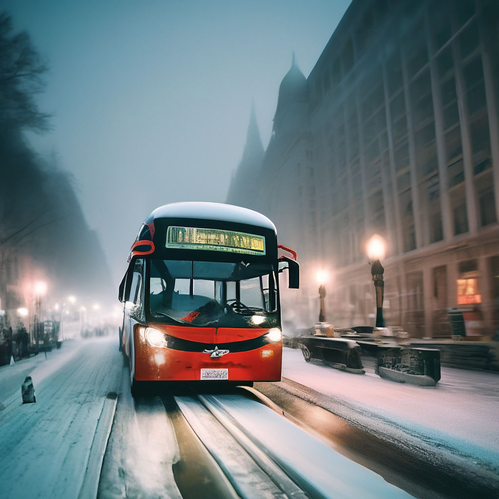 "A ride on a very cold bus , professional photo" — image created in ...