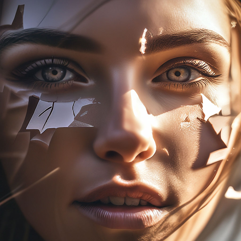 "A woman's beautiful face, half of the face shatters into fragments ...
