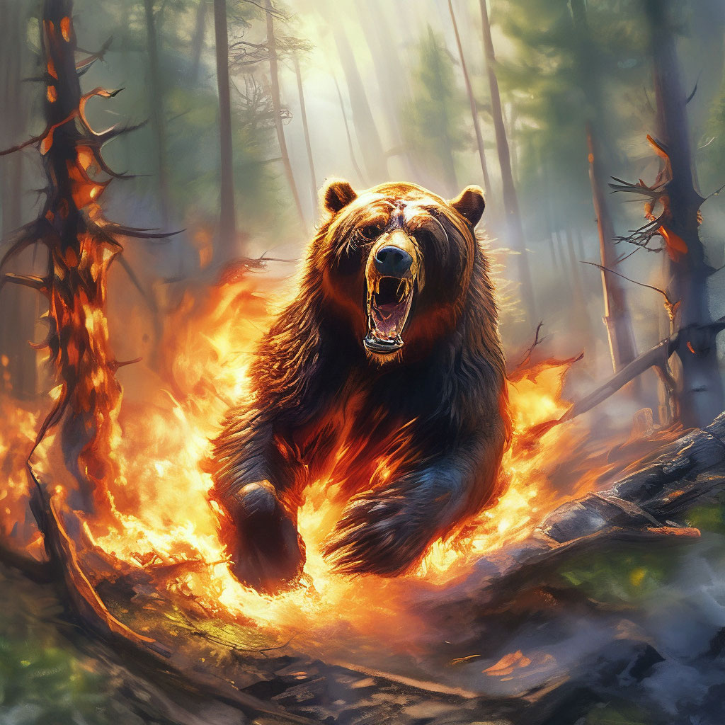 "Burning bear, running through the forest, breaking trees" — image ...