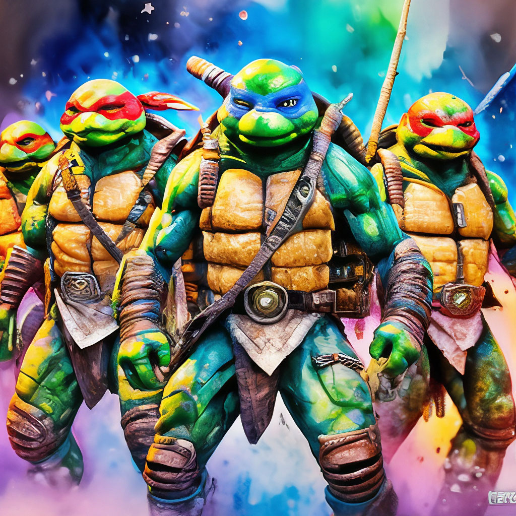 "4 Te*enage Mutant Ninja Turtles, full body, realistic watercolor with ...