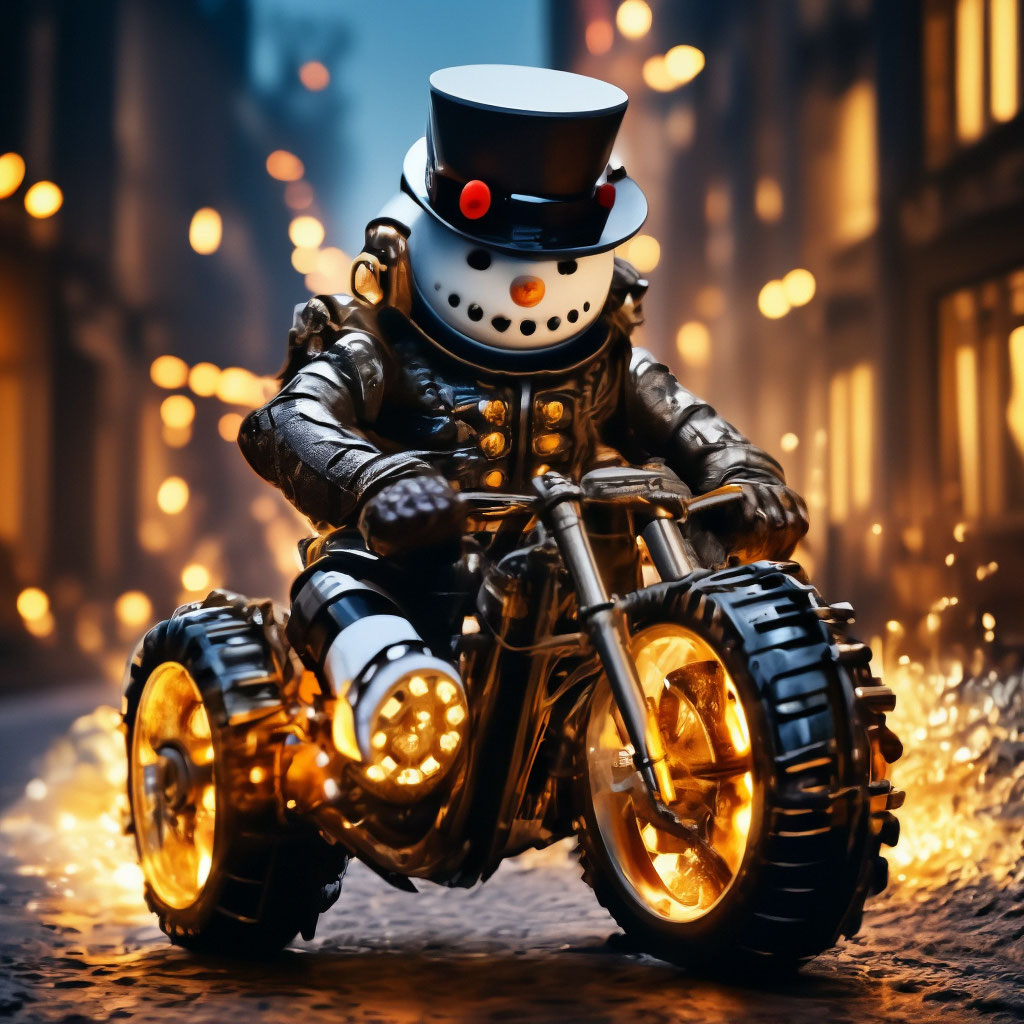 "Rocker snowman, steampunk style, huge wheels with spikes, sparks and ...