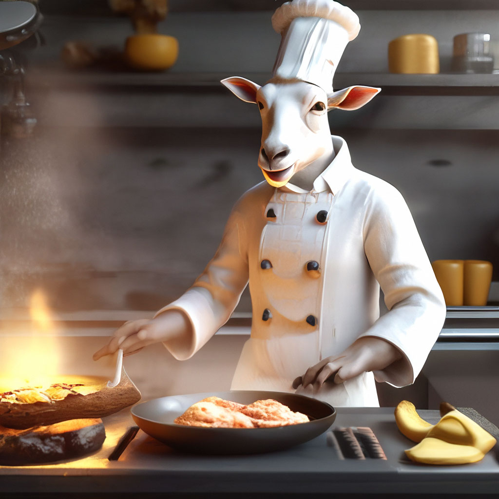 "White goat cook cooks to eat realistically computer graphics" — image ...