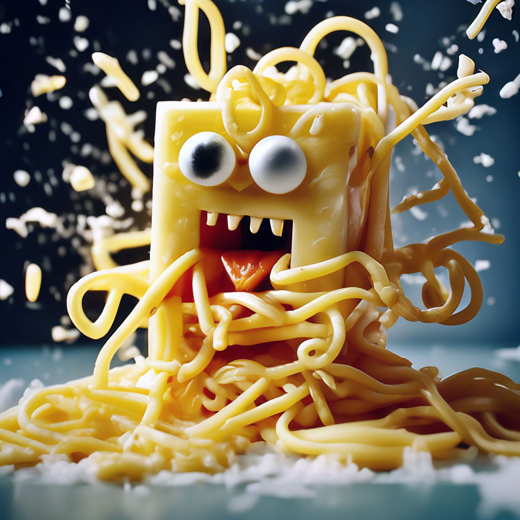 "Pasta carbonara pasta monster in a cube" — image created in Shedevrum