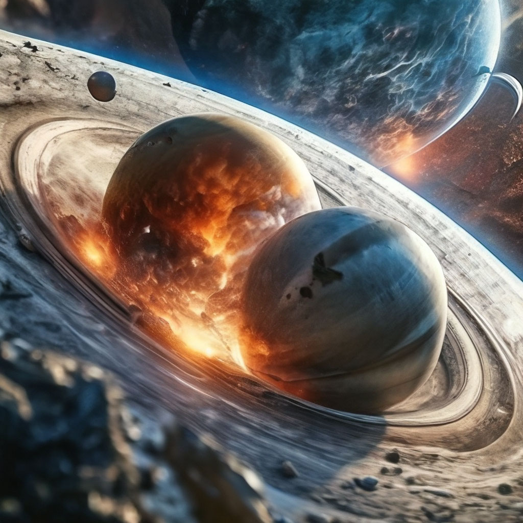 "Collision of planets in space, aesthetically pleasing, beautiful ...