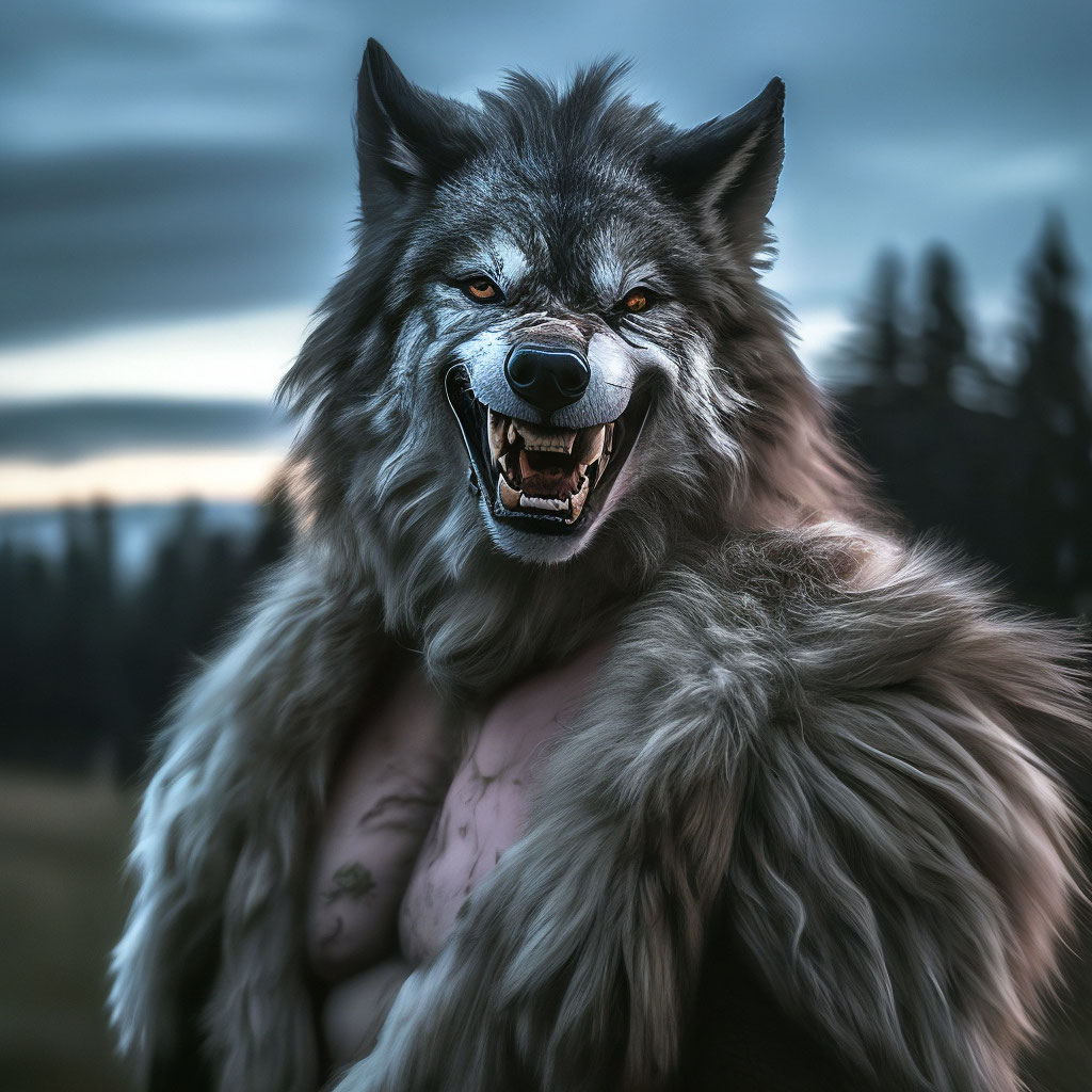 "Werewolf, half man, half wolf, scary, thick fur, wolfish grin, at dusk ...