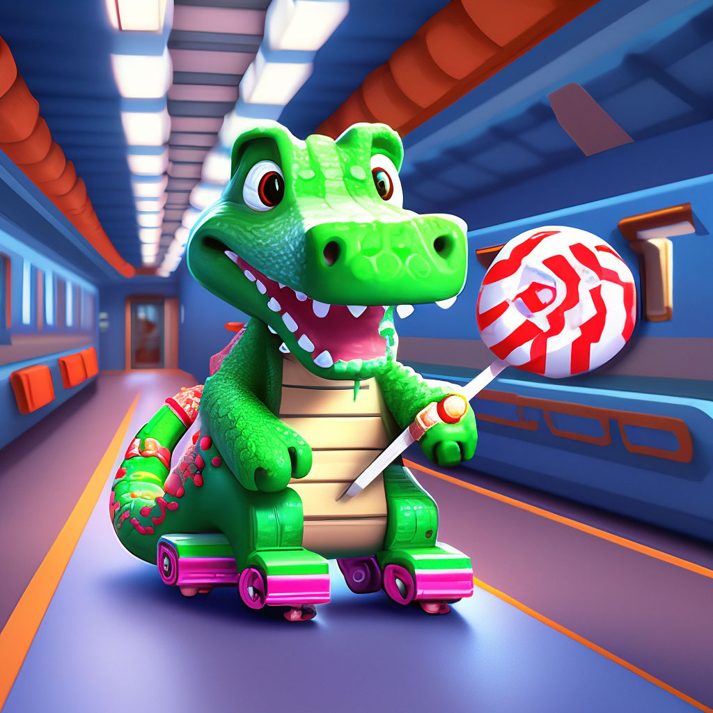 "A cheerful crocodile with a lollipop rides roller skates in the subway ...
