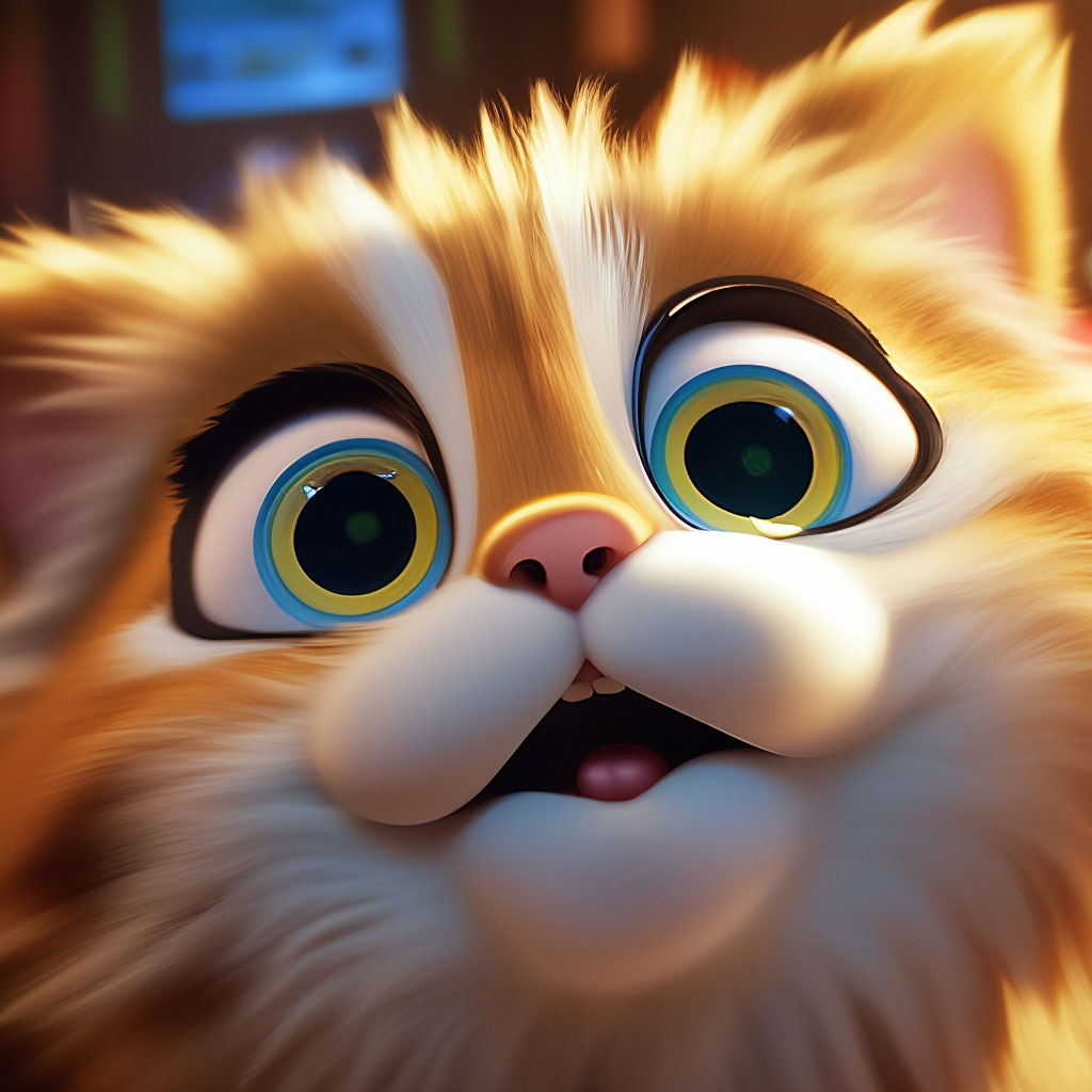 "Silly funny fluffy bug-eyed cat, silly face, funny face, detailed eyes ...
