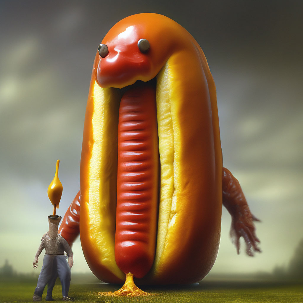 "A very large Mutant Hot Dog in ketchup and mustard, horror, mysticism ...
