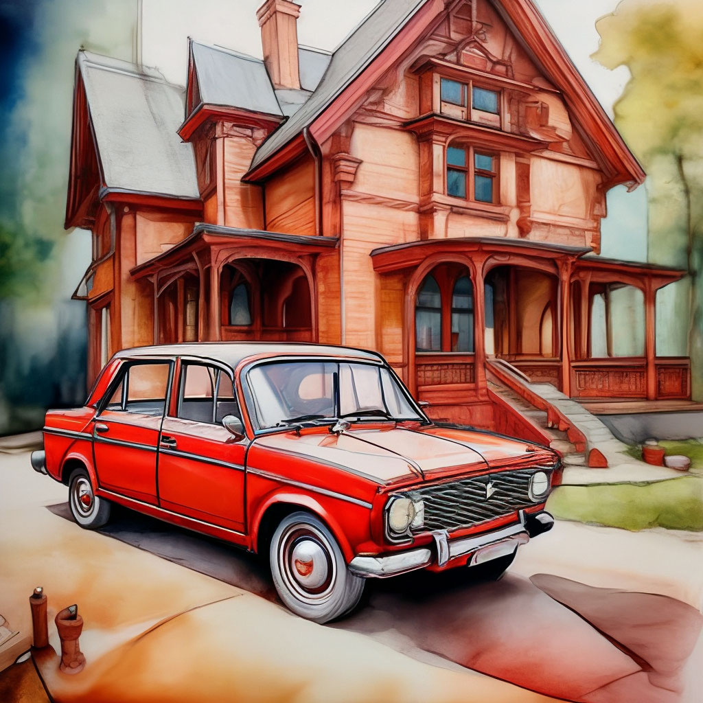 "Beautiful red lada at the amber-colored house... Style of drawing ...