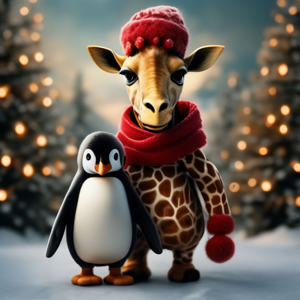 "Giraffe with penguin new year" — image created in Shedevrum