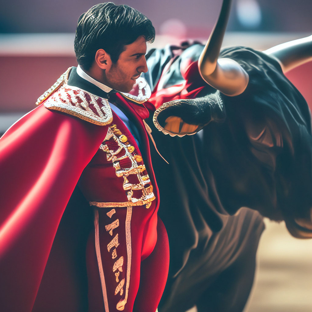 "Bullfighter in the arena red cape bull powerful black , aesthetically ...