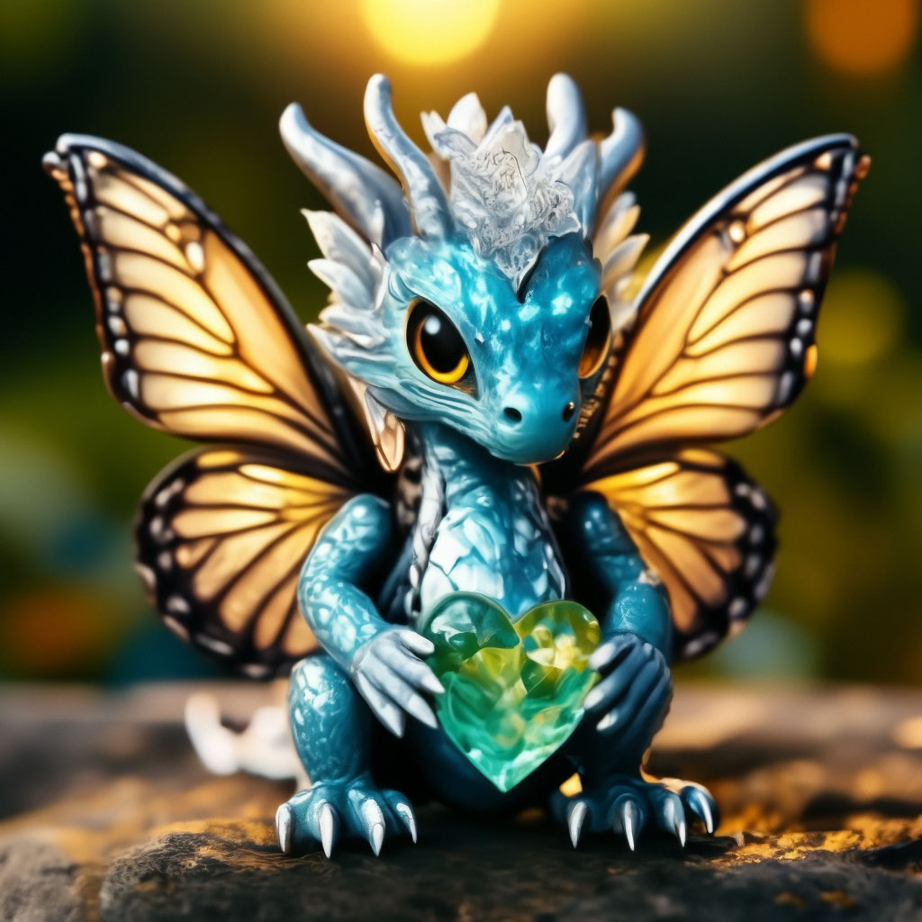 "Realistic ultra-cute detailed butterfly dragon; holds a heart made of ...