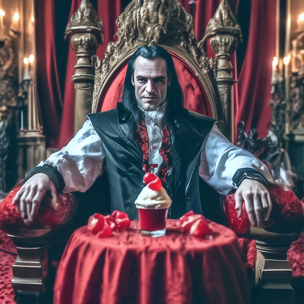 "Dracula on the throne with red ice cream with b.loody syrup in his ...