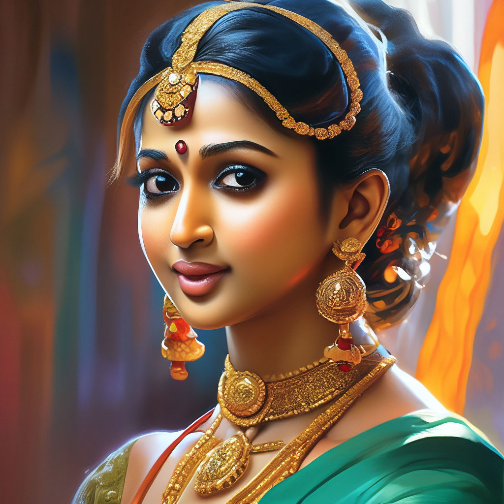 "Maharani in a beautiful sari in close-up" — image created in Shedevrum