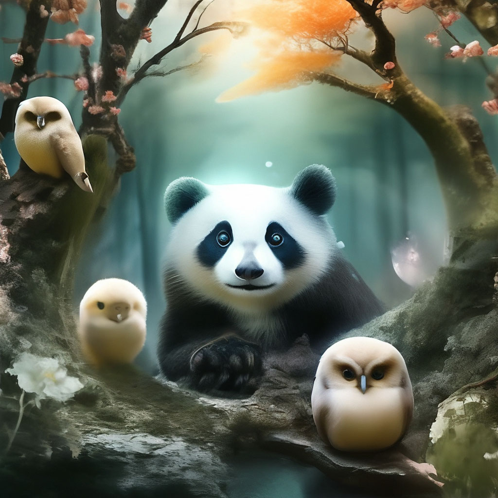 "Mysterious forest collage photorealistic detailing, cute pandas and ...