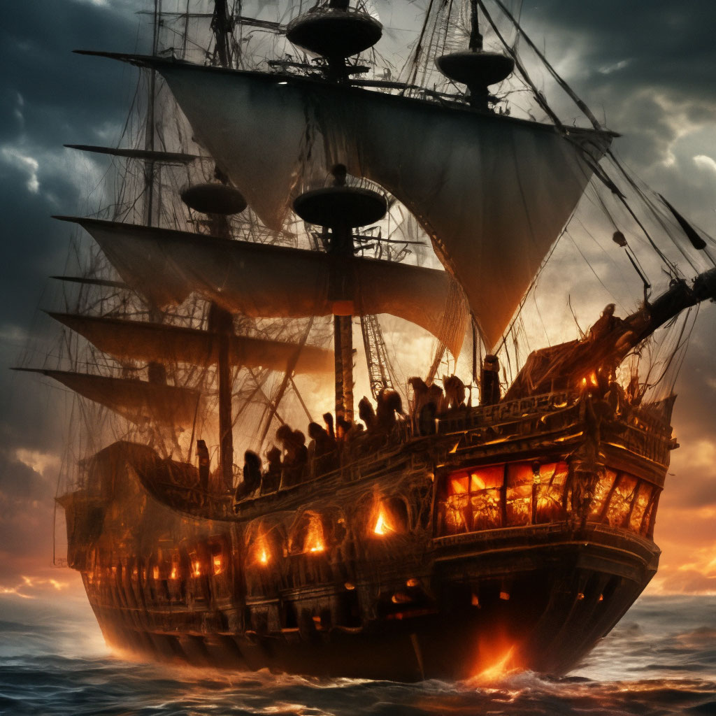 "A sinister pirate ship with pirates on board" — image created in Shedevrum