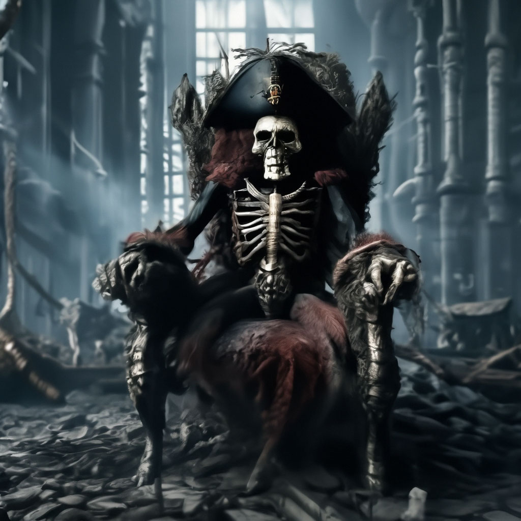 "An old dilapidated throne broken in a spider's web, a skeleton in a ...