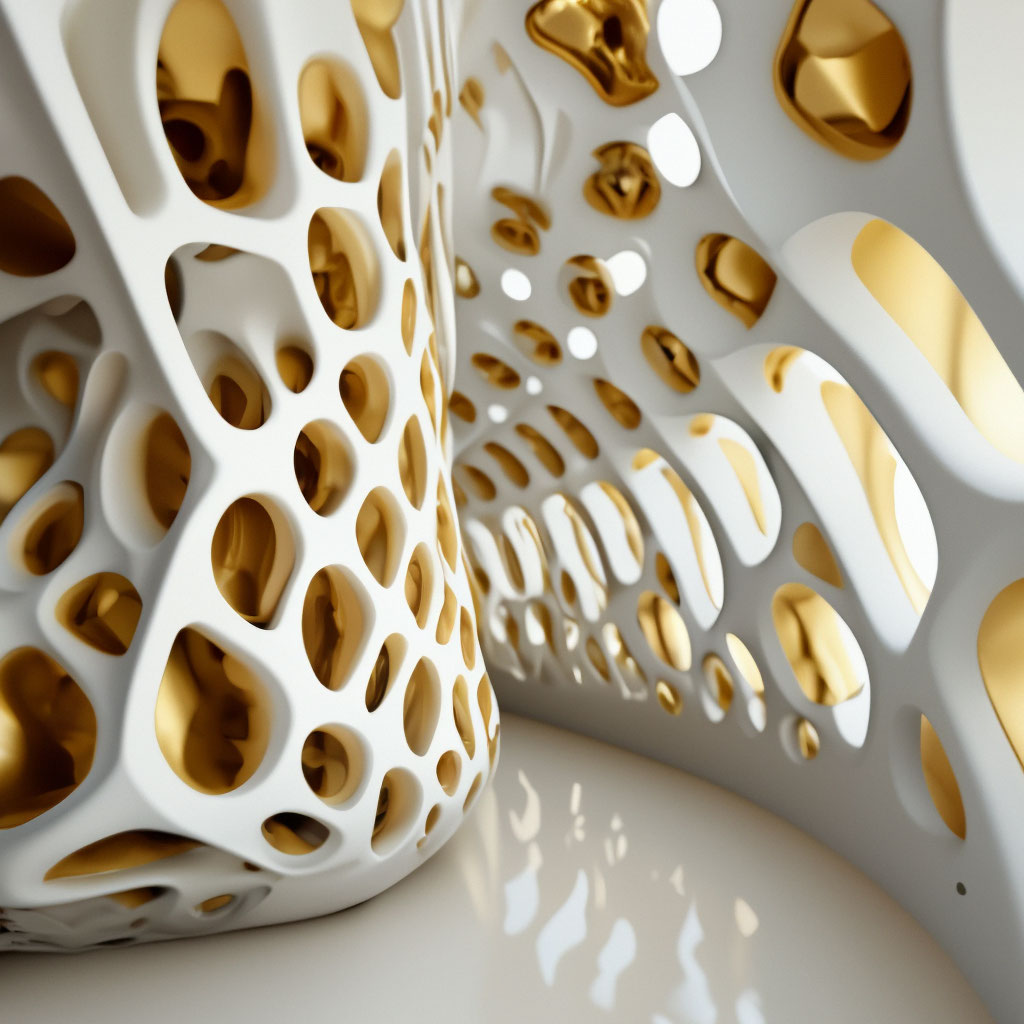 "Metamorphosis, abstract house, gold fractal three-dimensional patterns ...