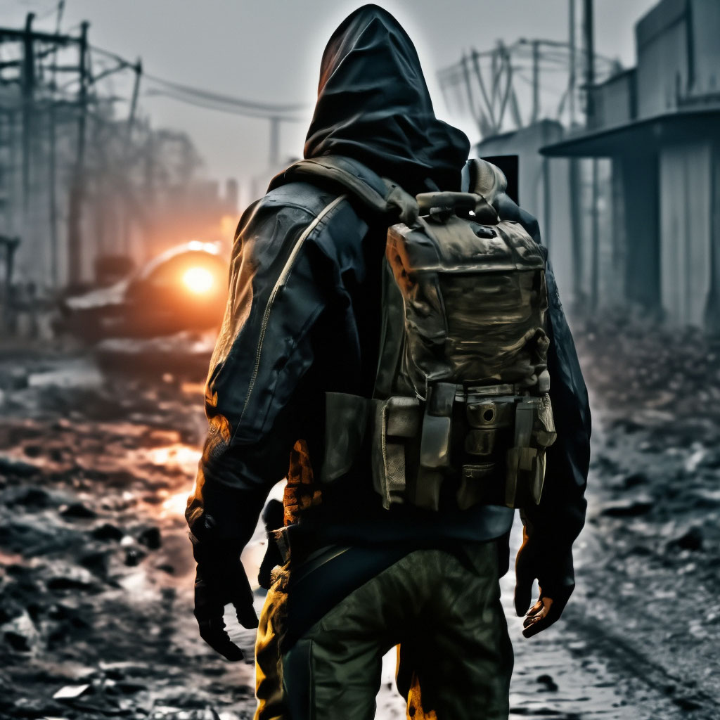 "Exclusion zone, stalker in uniform and armor, gun, backpack behind his ...