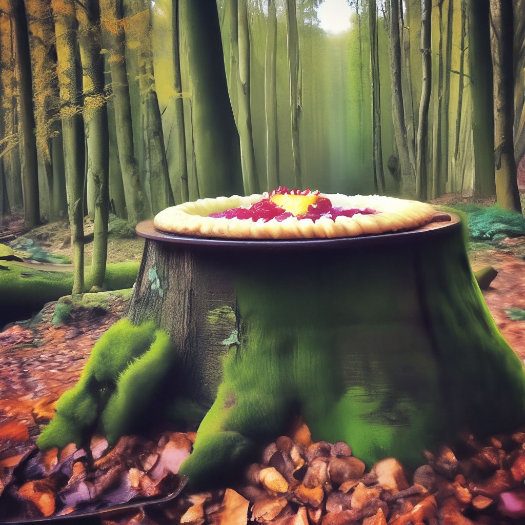 "Don't sit on the stump don't eat the pie" — image created in Shedevrum