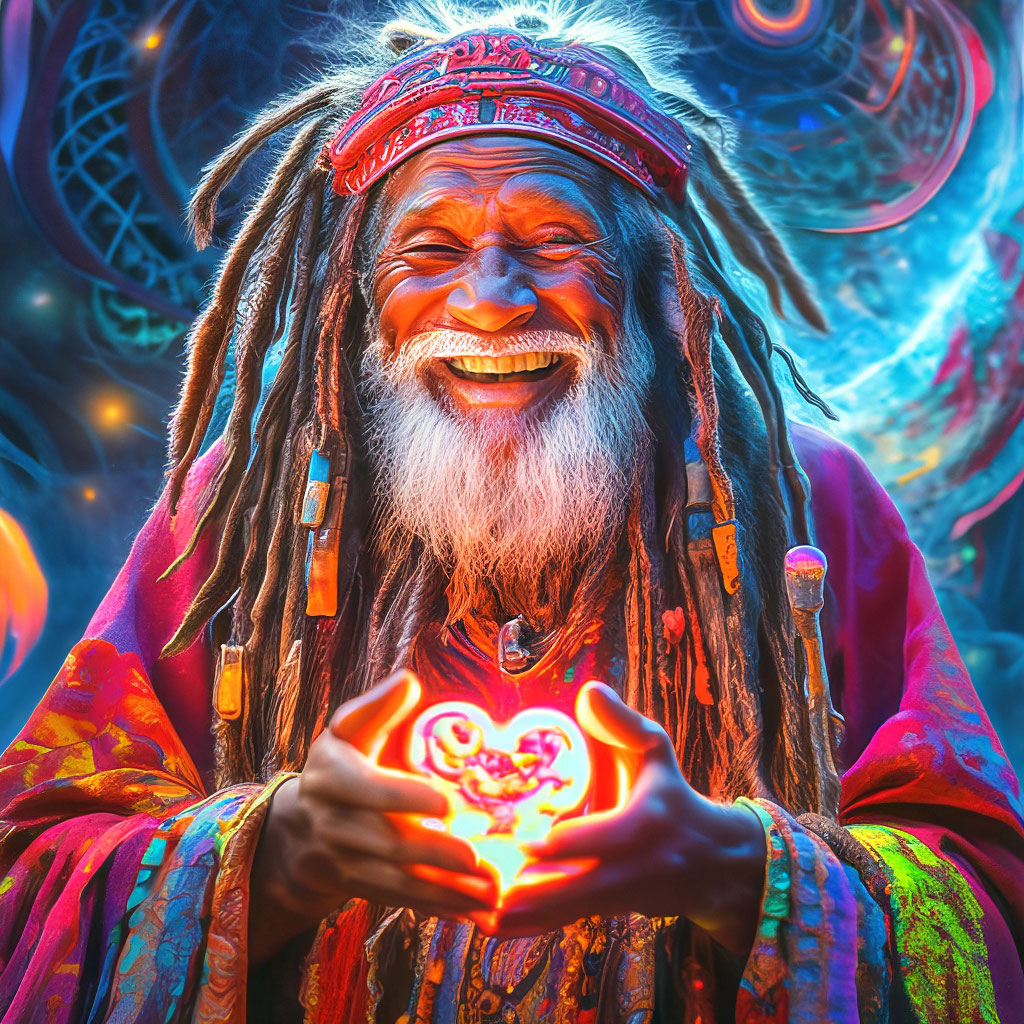 "Cheerful old shaman, in the hands of a fractal heart, neon dreadlocks ...