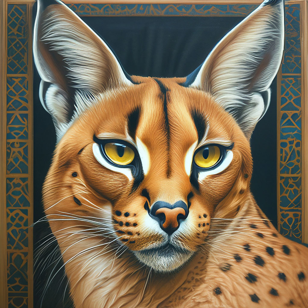 "The caracal is terracotta-colored, with yellow eyes. Hyperdetalization ...