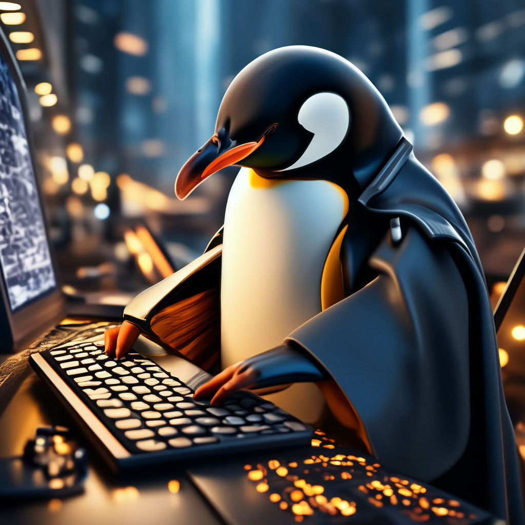 "The penguin is writing a program on the computer" — image created in ...