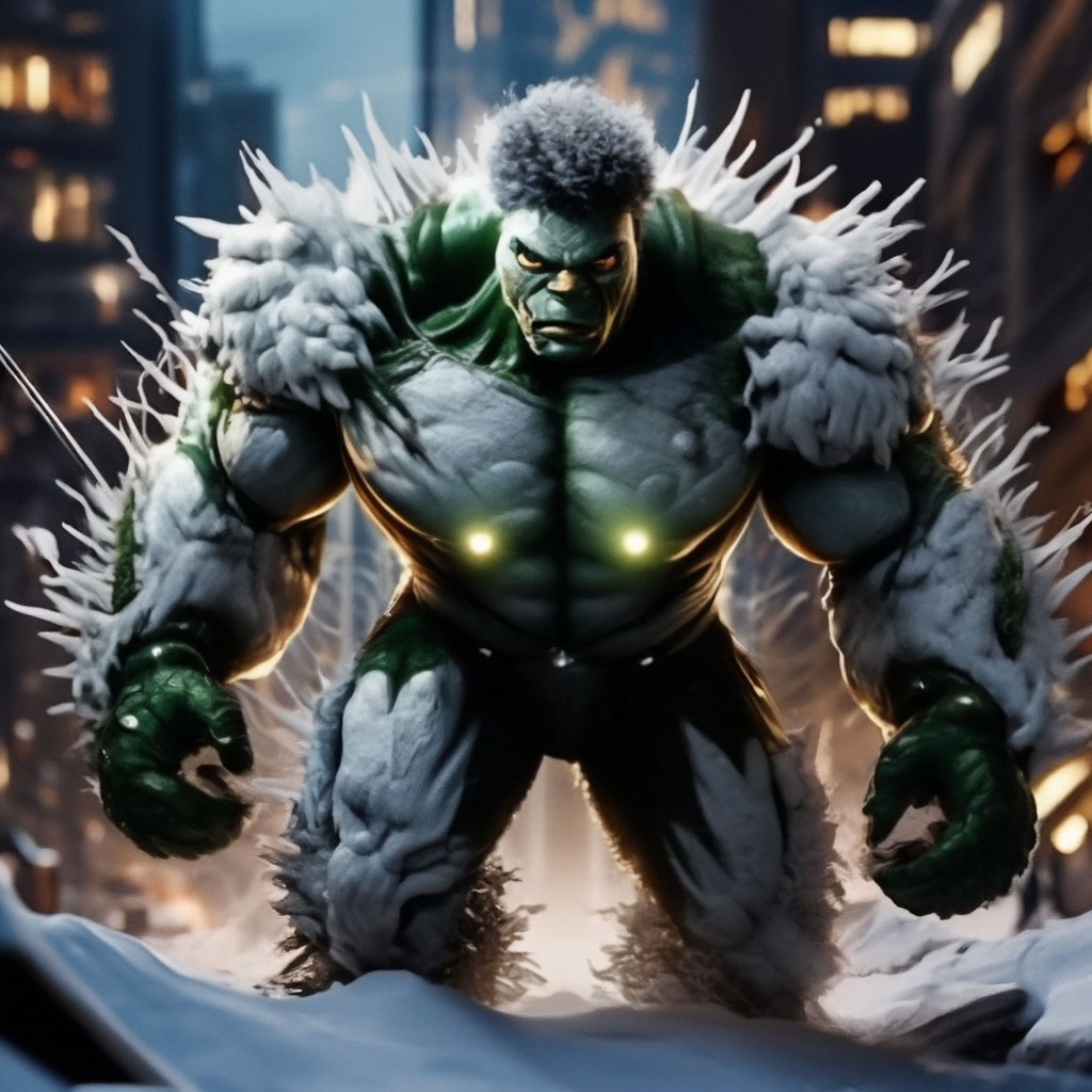 "Snowman hulk saves the world" — image created in Shedevrum