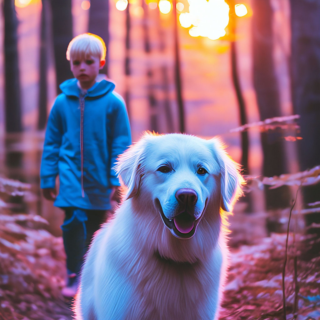 "Albino labrador fluffy, fur like fluff, and a boy walking through the ...