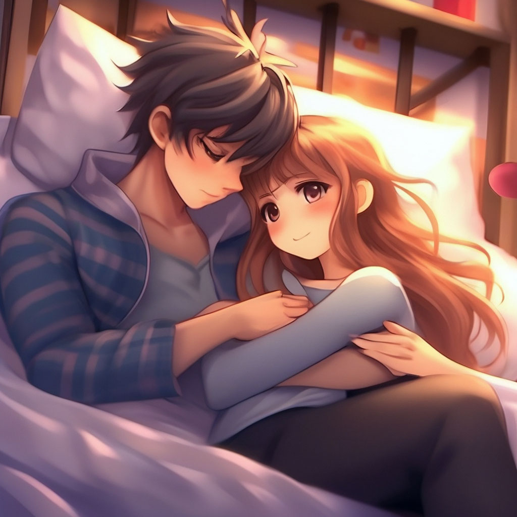 "Anime couple,cuddling,cute,on the bed" — image created in Shedevrum