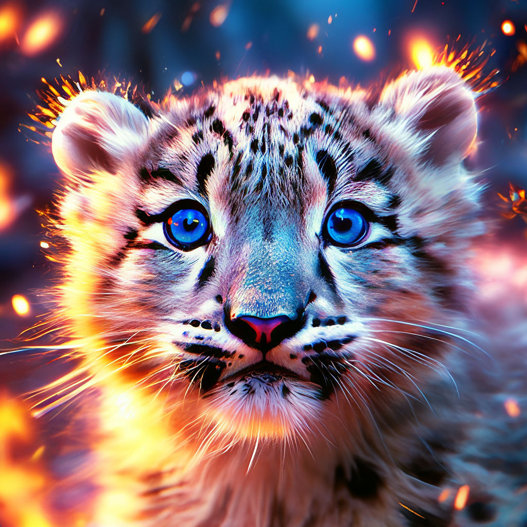"Cute baby snow leopard , consists of fractals, fabulous, fiery, neon ...