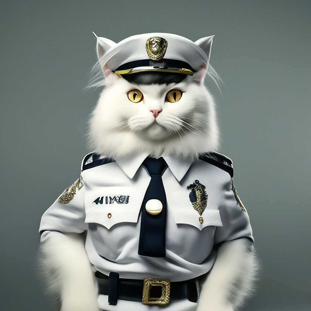 "White fluffy cat policeman, very strict look, responsible worker ...