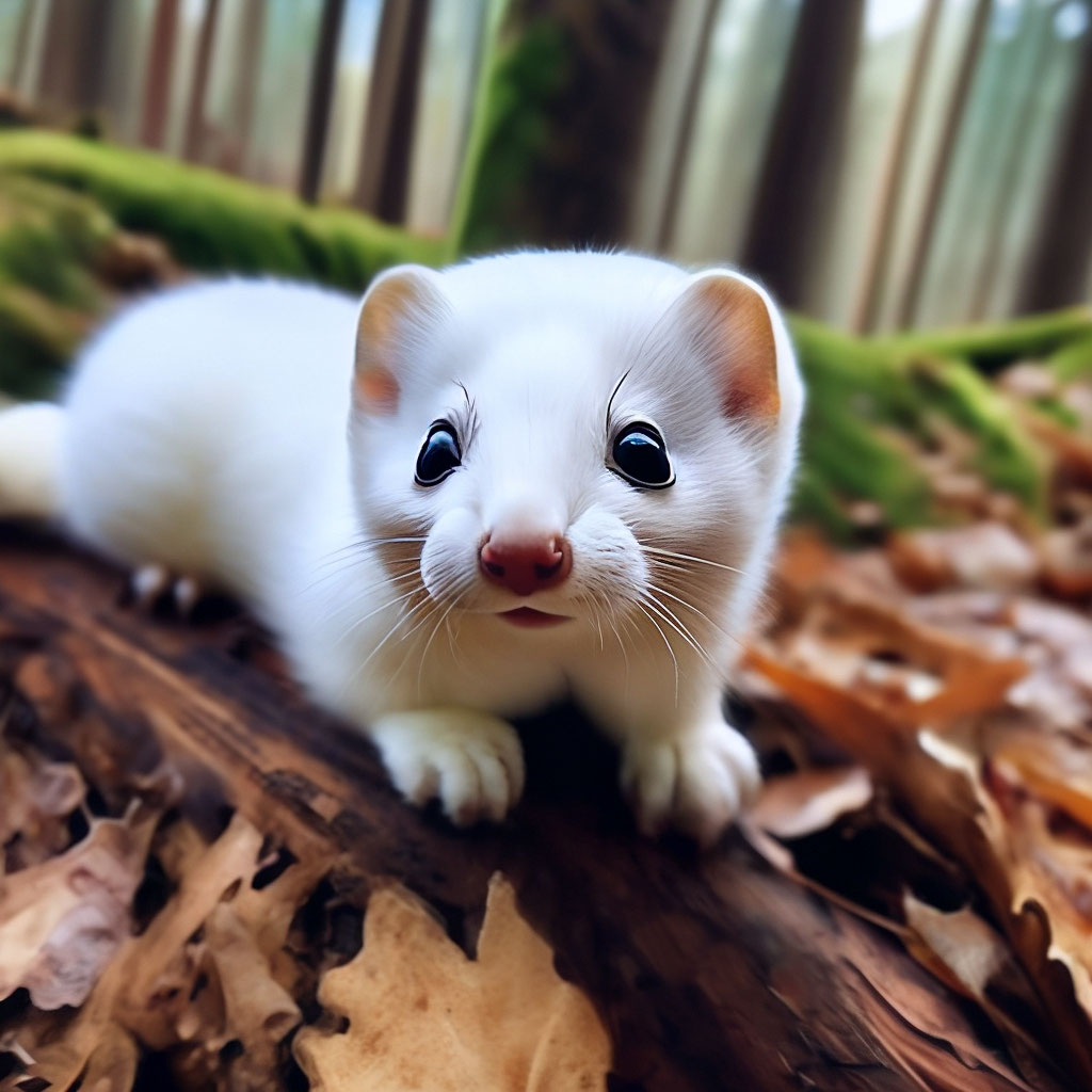 "A cute fluffy white weasel lies in the forest and looks at the camera ...