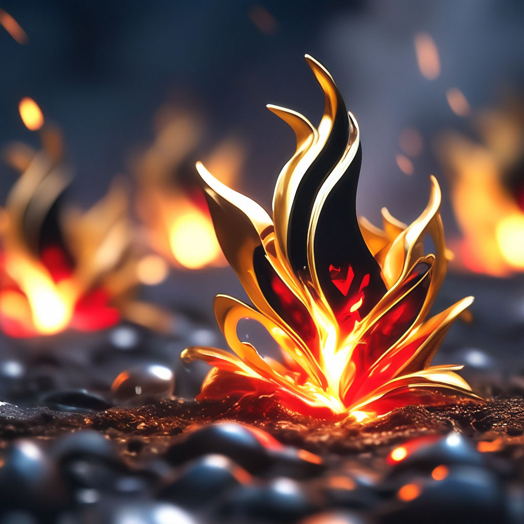 "A fabulous flame rises from the ground,in the style of fantasy, gold ...