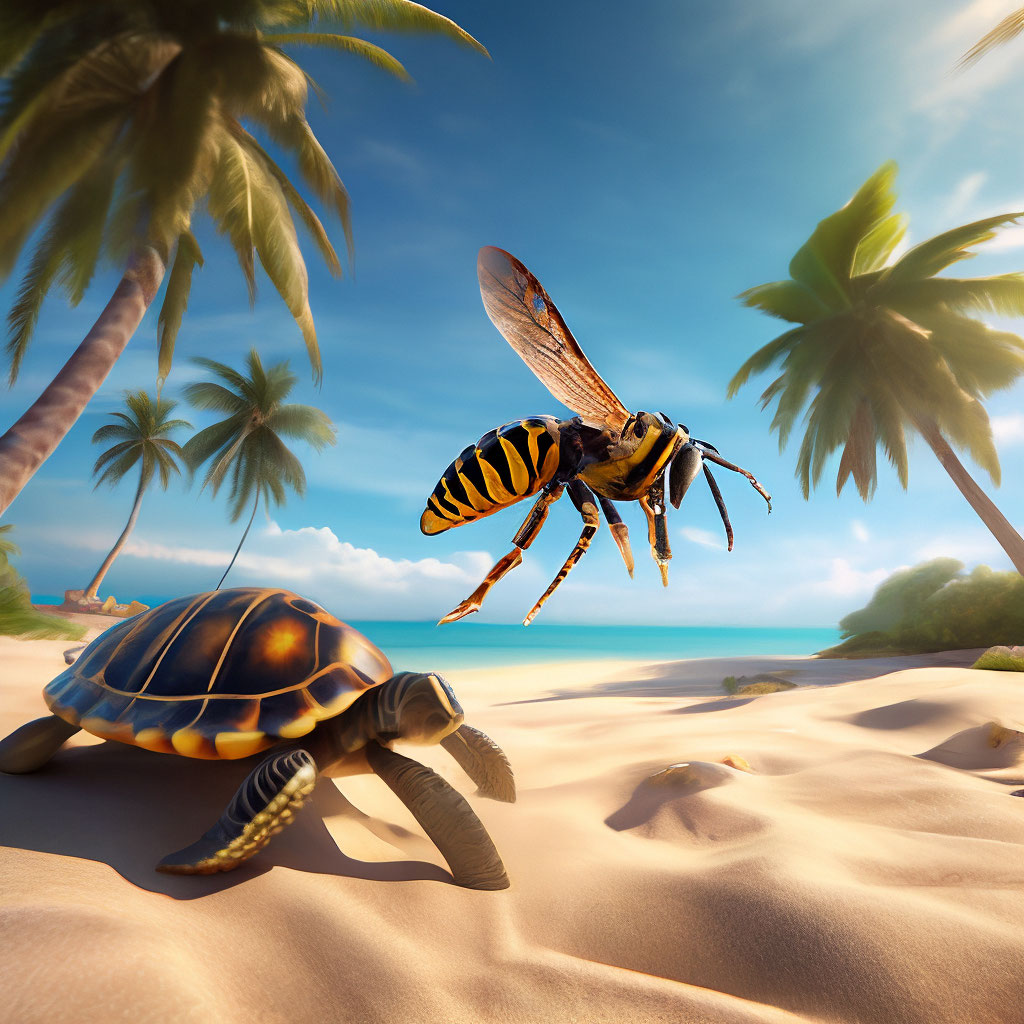 "The sea, palm trees, a realistic wasp flies across the sky, a turtle ...