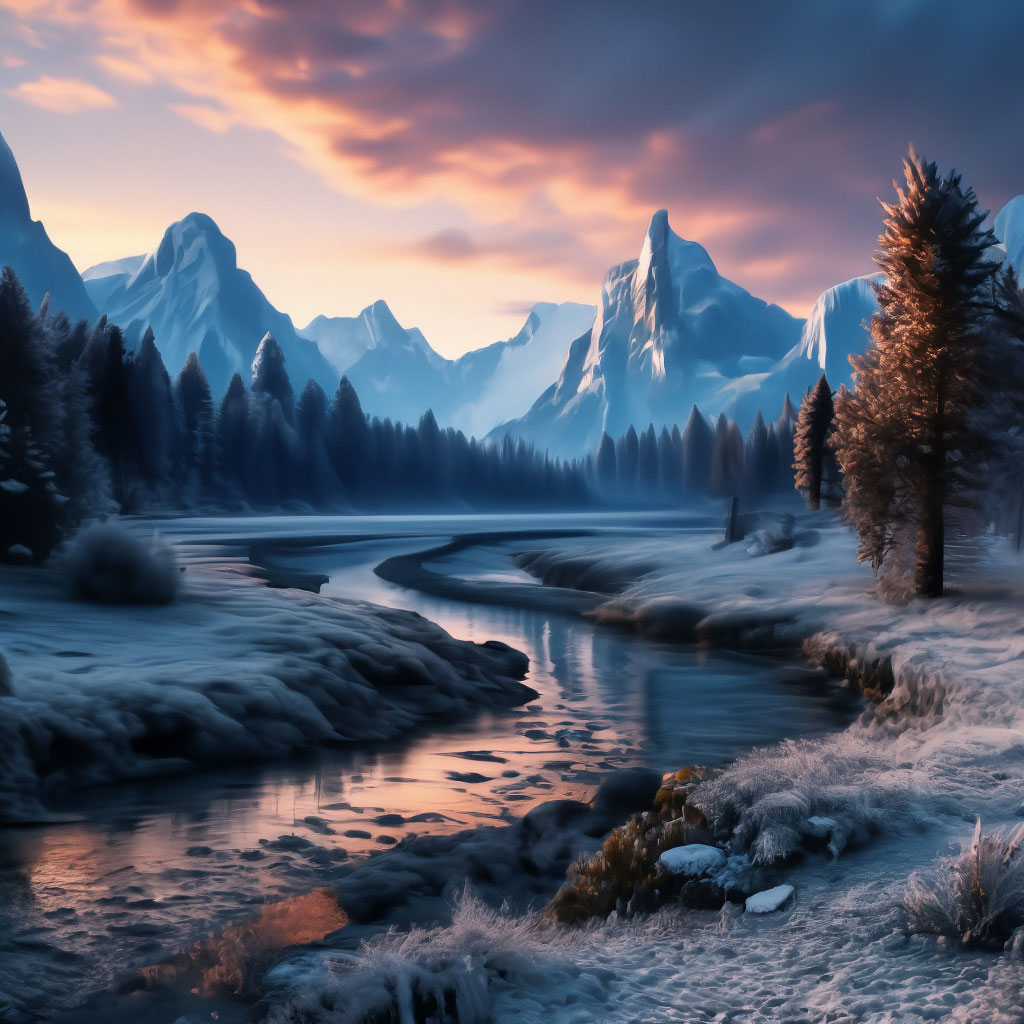 "Good morning, frost , snow around, river, mountains in the background ...