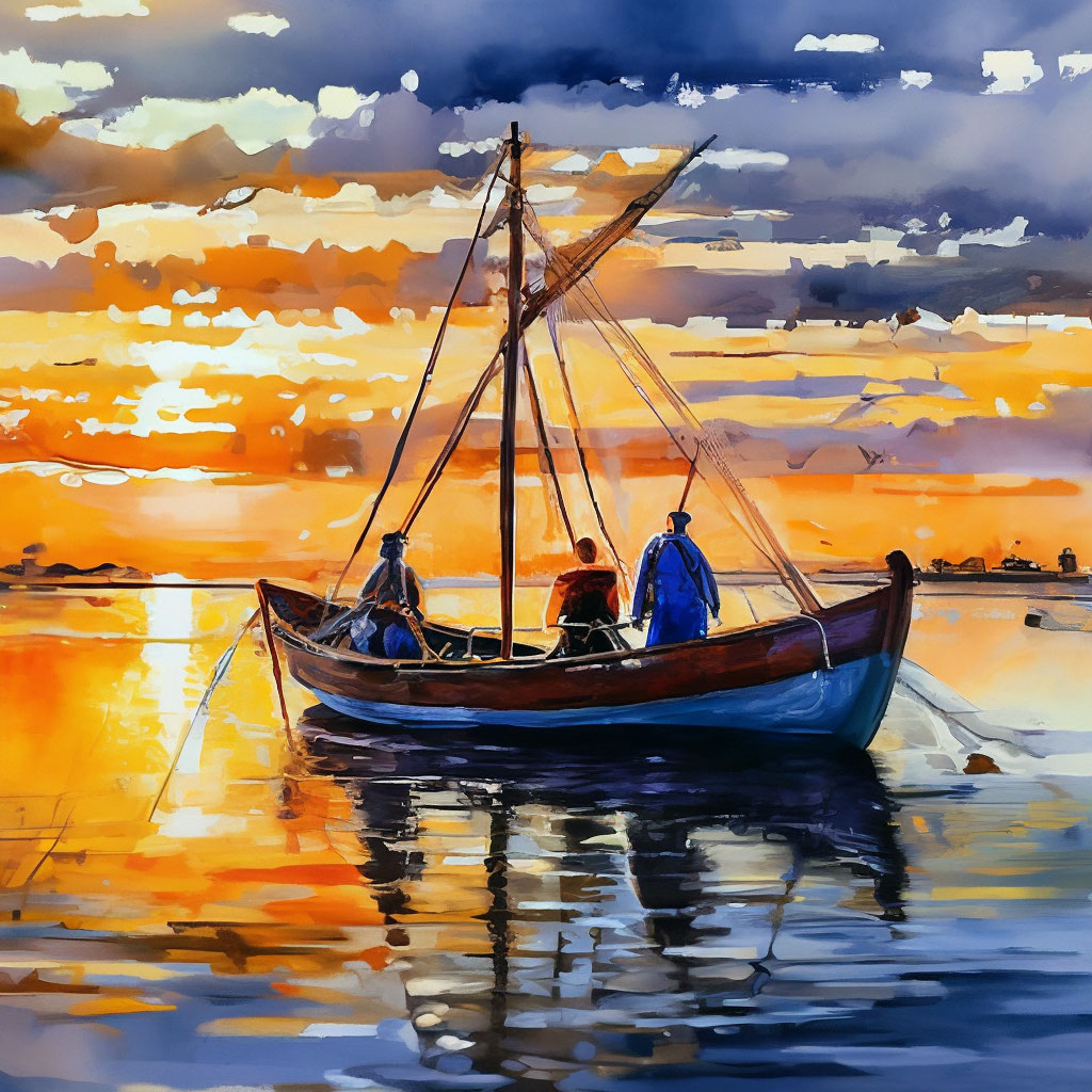 "Delicate watercolor painting, autumn Baltic Sea boat fishermen net ...