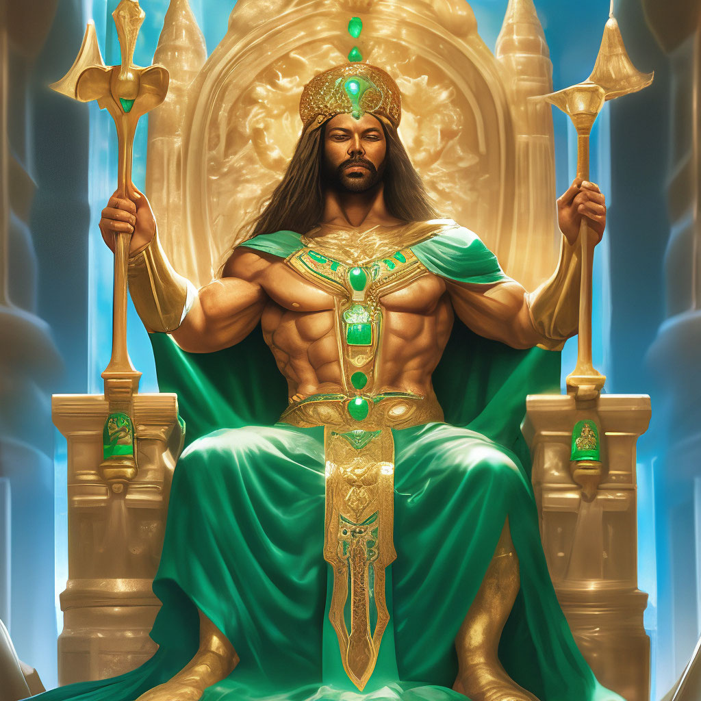 "The leader of Ancient Atlantis on the throne, on his head a golden ...
